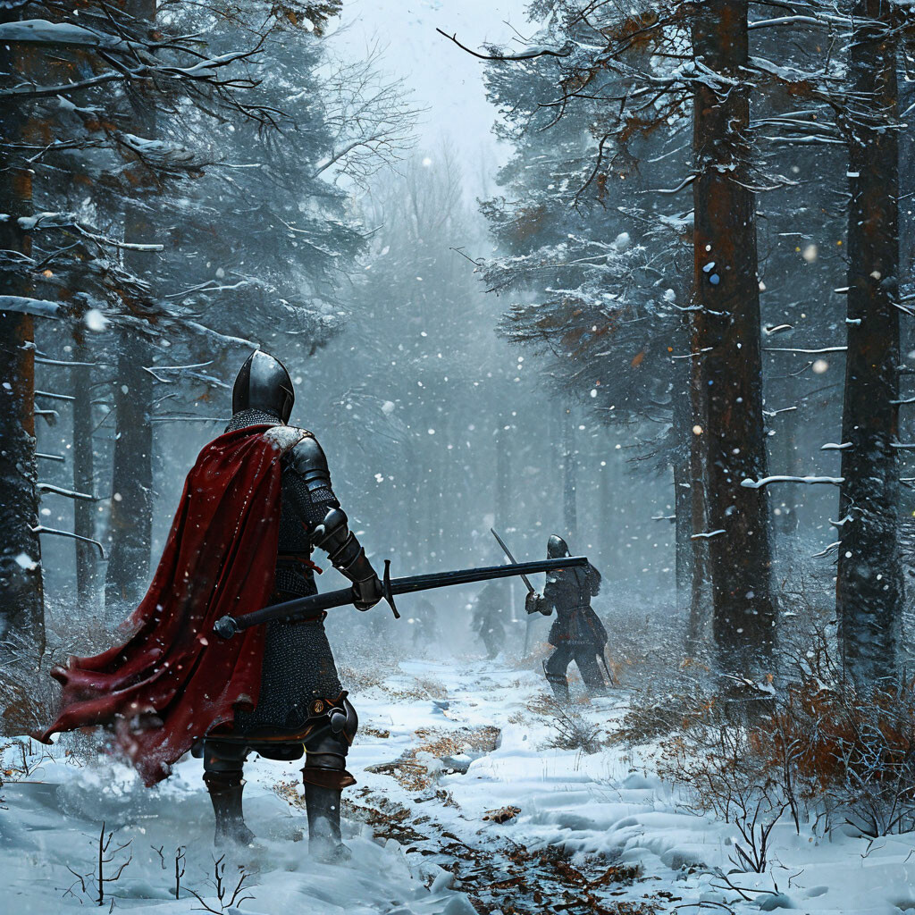"A knight's battle in the winter …" — image created in Shedevrum