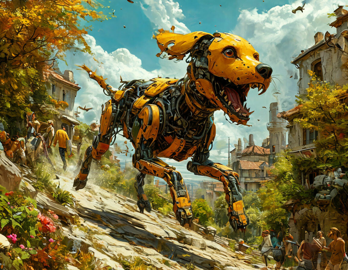 "A mechanical dog is running, carrying…" — image created in Shedevrum