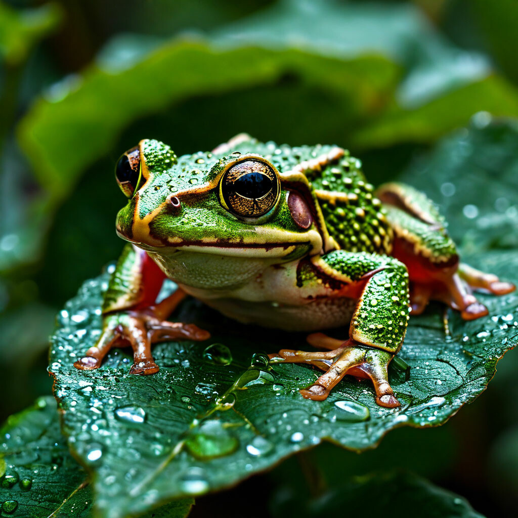 "A luminous frog sits on a leaf with drops" — image created in Shedevrum