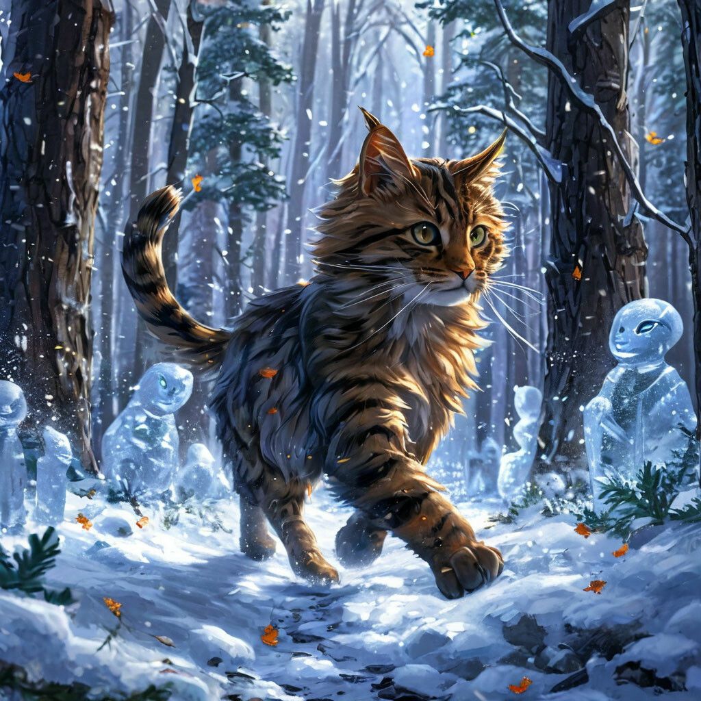 "An elemental cat rushes through an icy forest past twinkling pines and ...