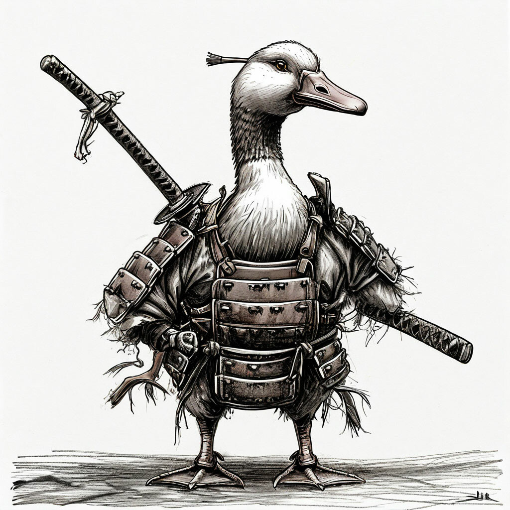 "Goose samurai in armor cartoon pencil" — image created in Shedevrum