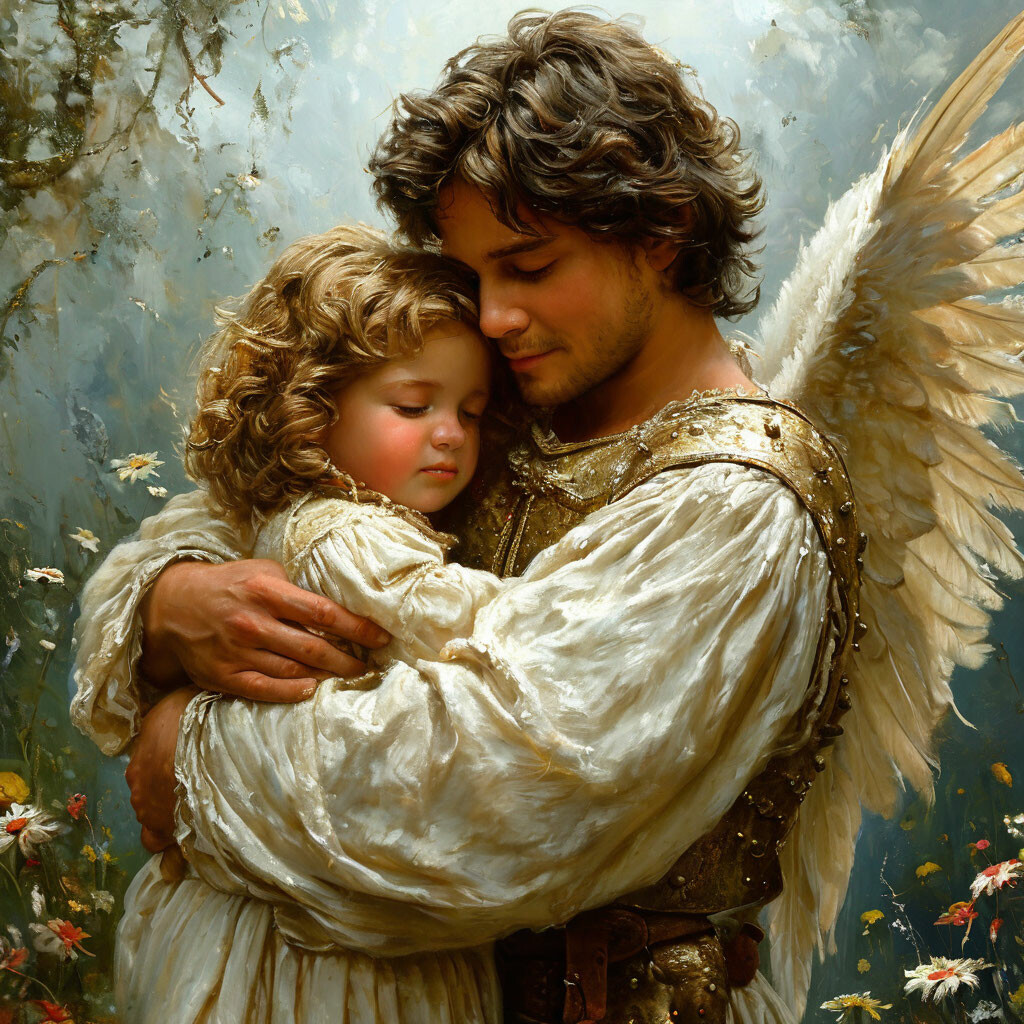 "An angel hugs a child" — image created in Shedevrum