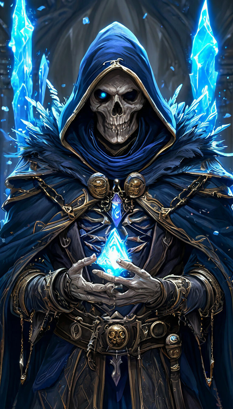 "The image shows an undead lich dressed in dark, luxurious robes. His ...