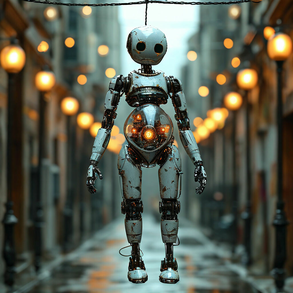 "A pregnant android robot with a transparent belly is hanging on a ...