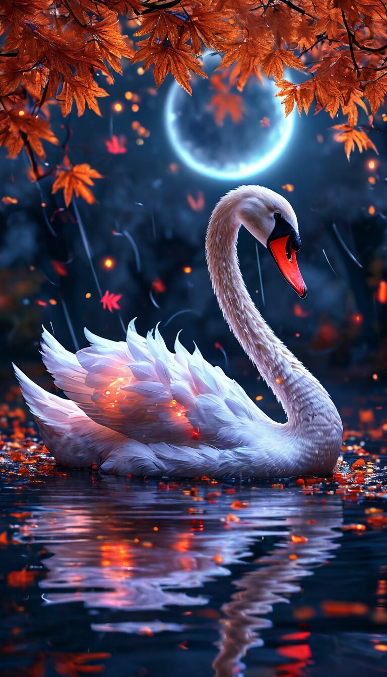 "🧿 glowing swan +leaf fall + neon moon+ neon berries + fractal ...