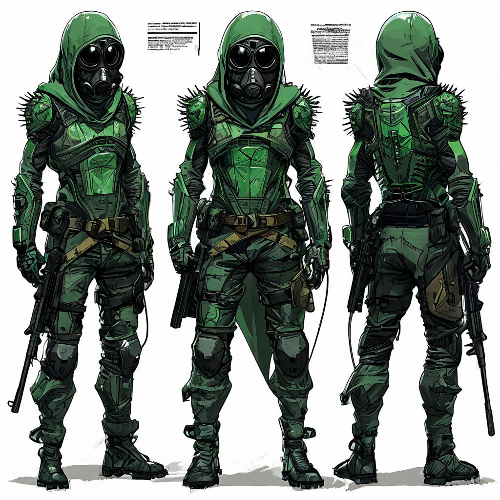 "Alien hunter, three big eyes, wearing a gas mask, full height, holding ...