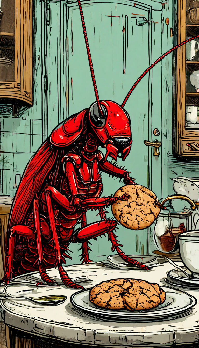 "A simple ink and ink drawing, cartoon style, a long big red cockroach ...