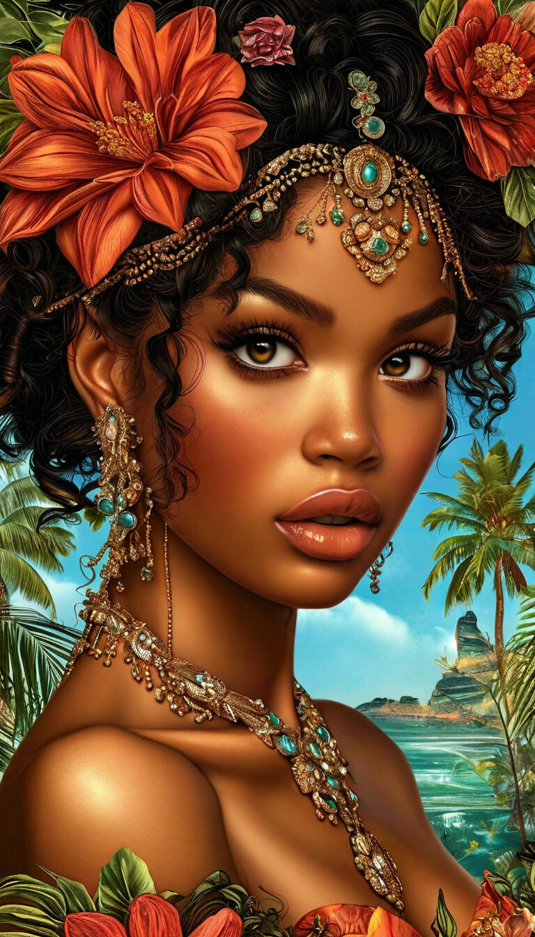 "Mulatto beauty high hairstyle, jewelry, jewelry, burning eyes ...