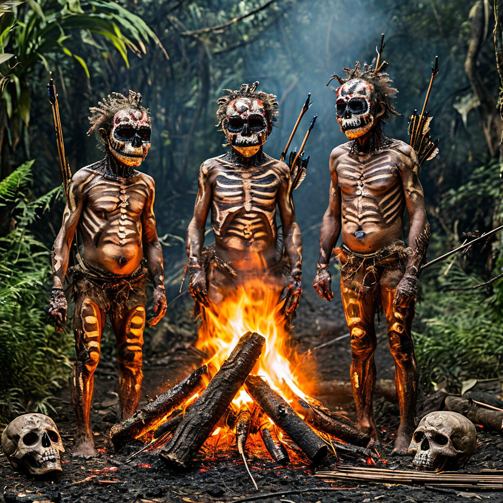 "Pygmies from the New Guinea was standing near a large bonfire, bows ...