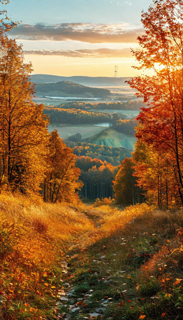 "Panoramic landscape in early autumn morning, sunrise, beautiful ...