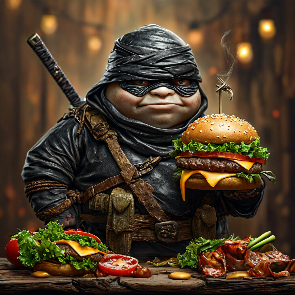 "Fat Ninja eats a burger" — image created in Shedevrum
