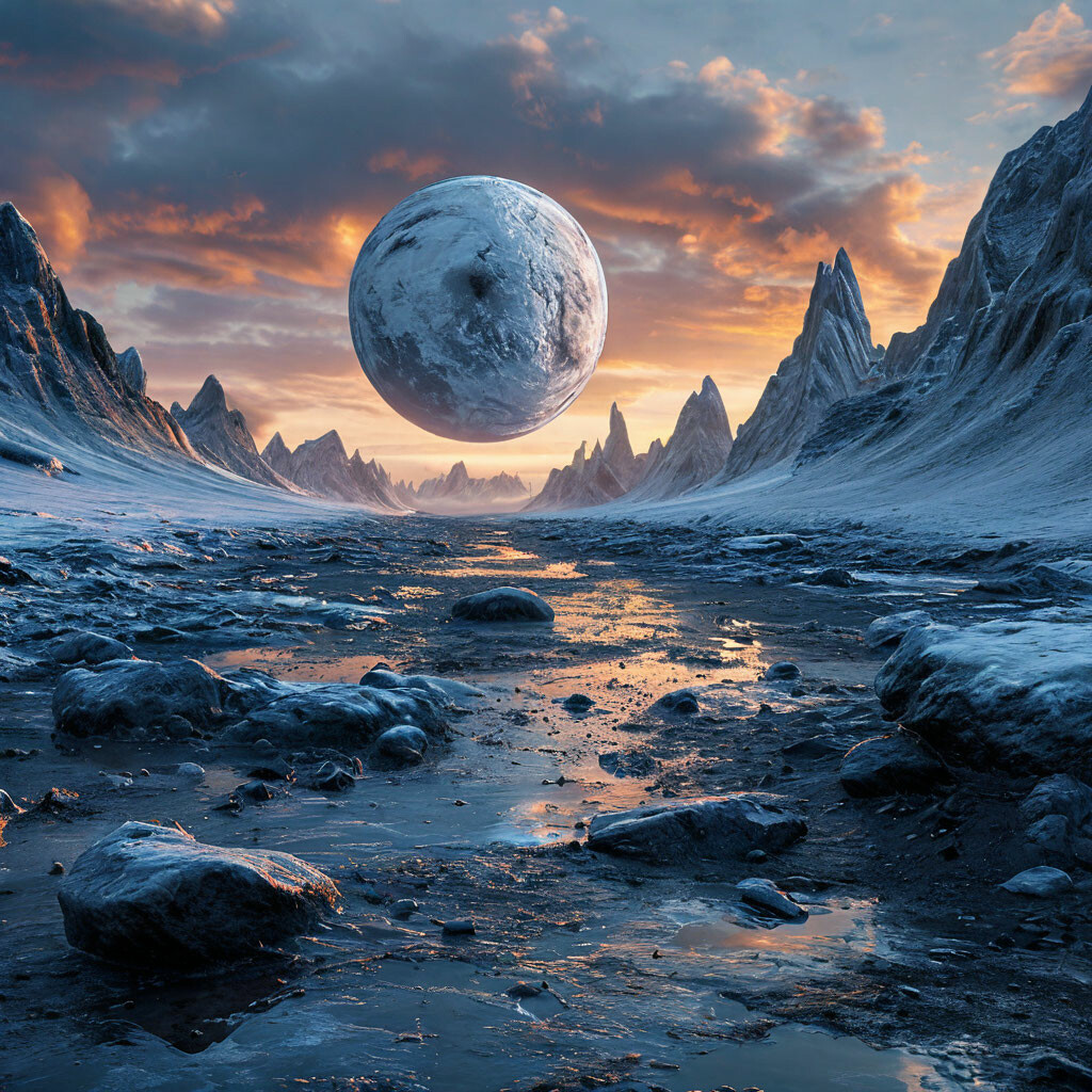 "Icy planet at dusk, high detail, …" — image created in Shedevrum