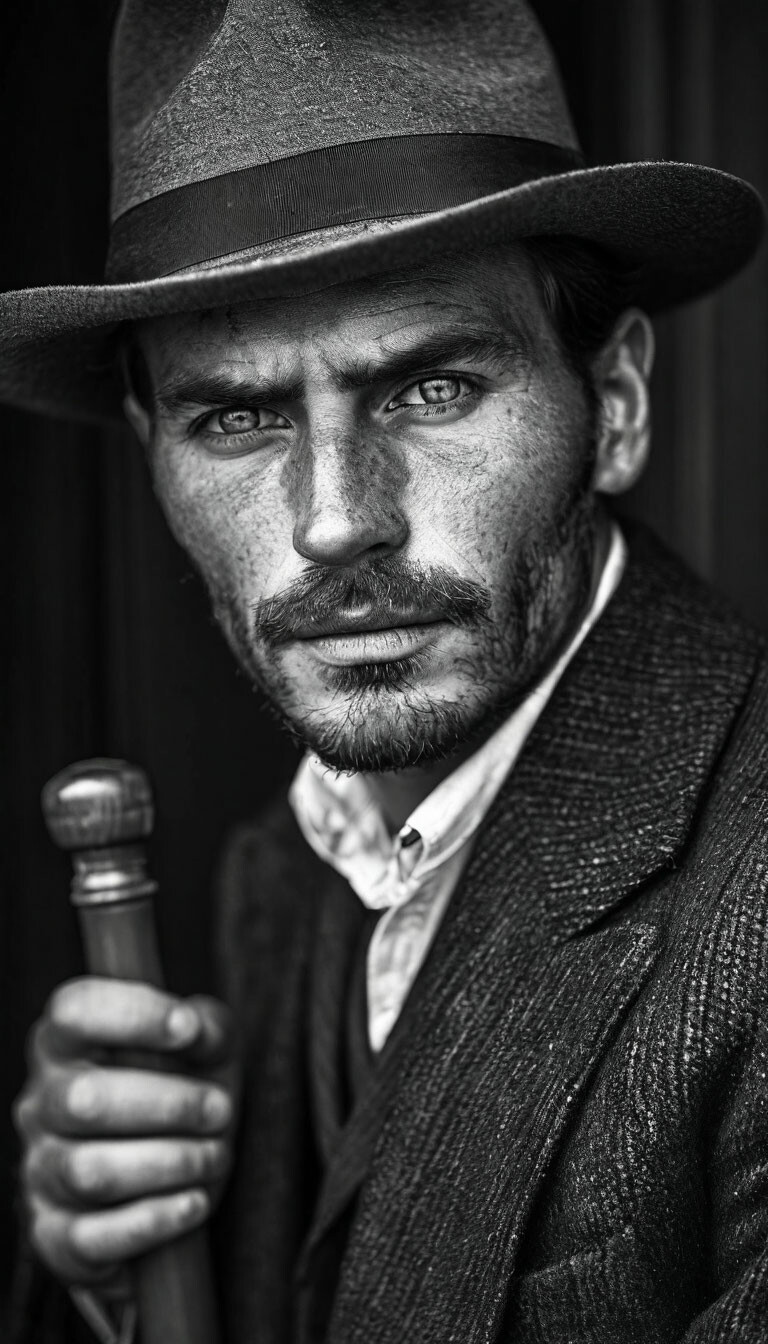 "An old black and white photo A man …" — image created in Shedevrum