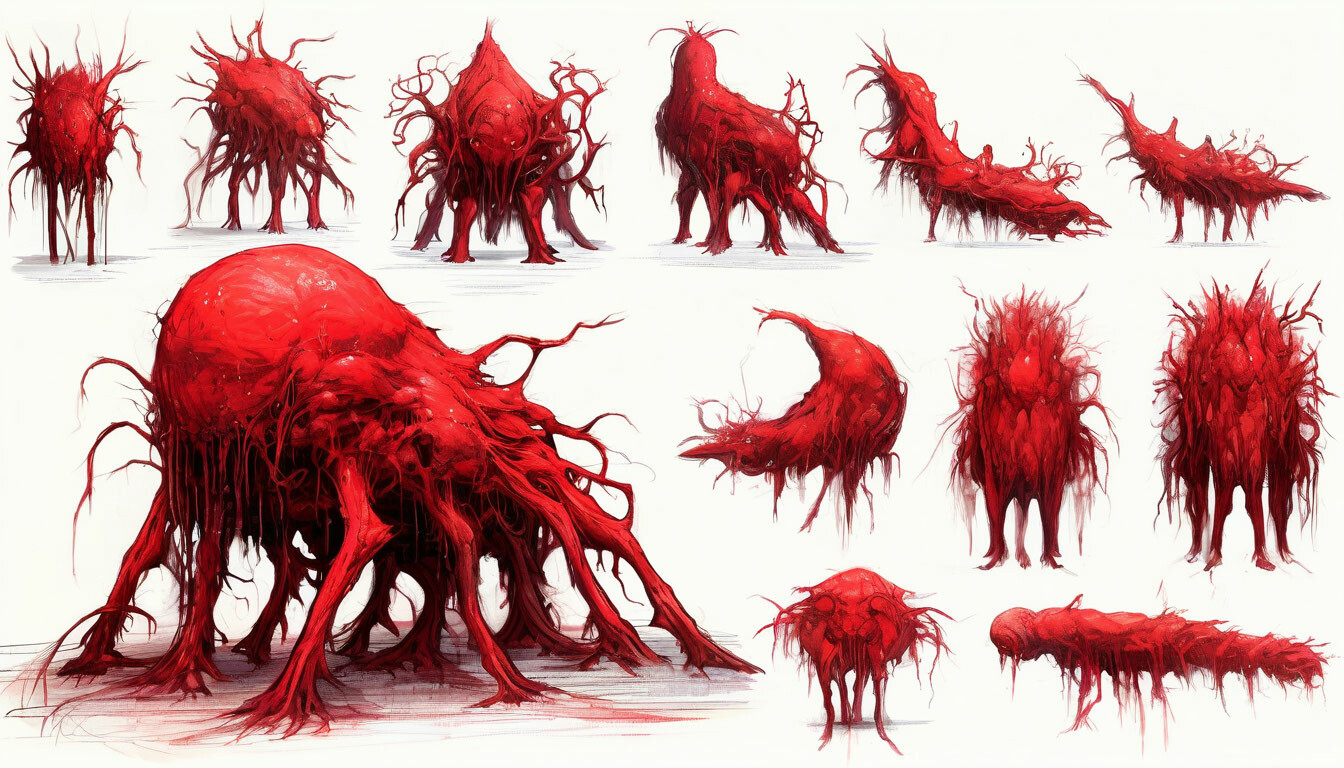 "Concept art, a description sheet of the creature with all the ...
