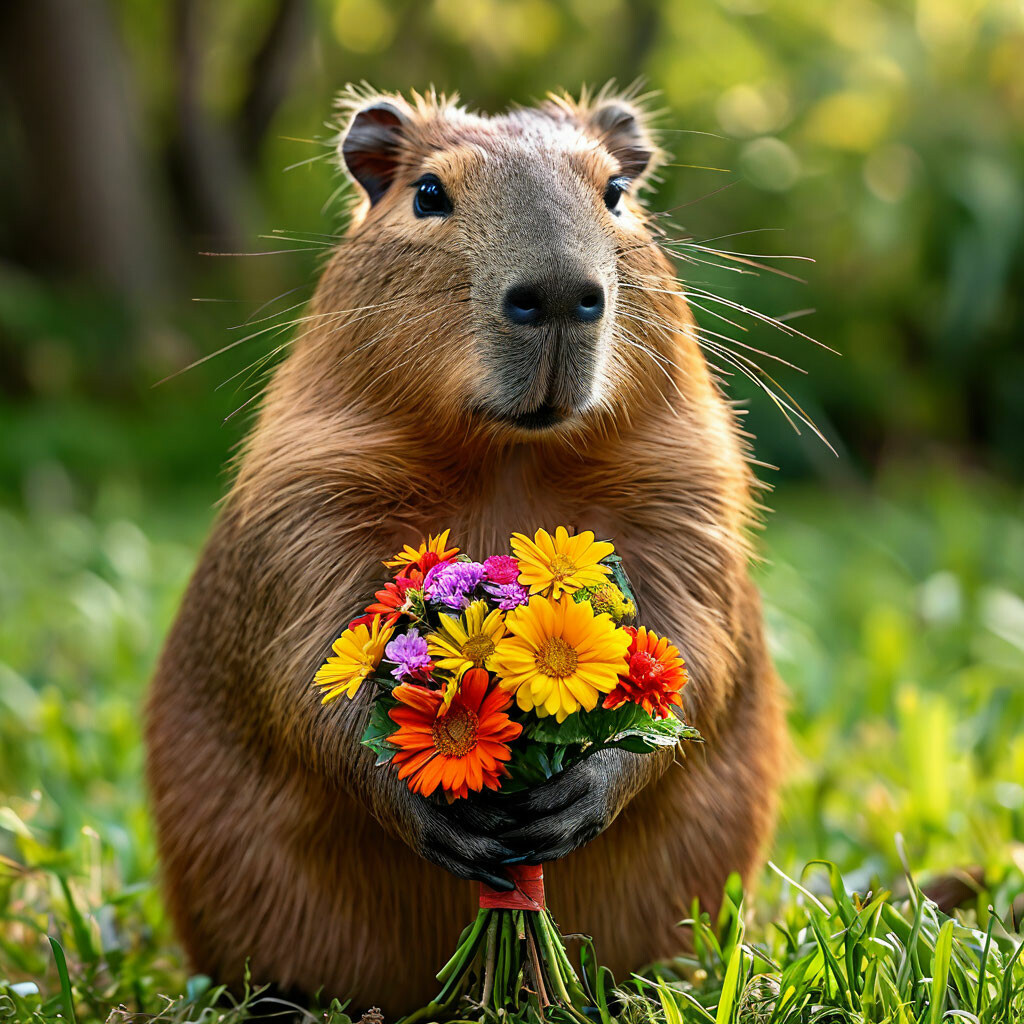 "A cheerful capybara with a bouquet of flowers on a background of green ...