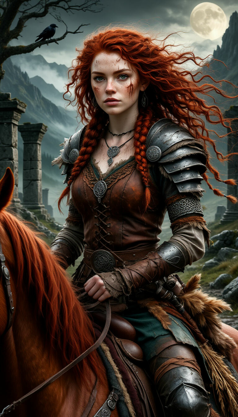 "An epic adult Celtic mage girl, with loose dark red curly hair ...