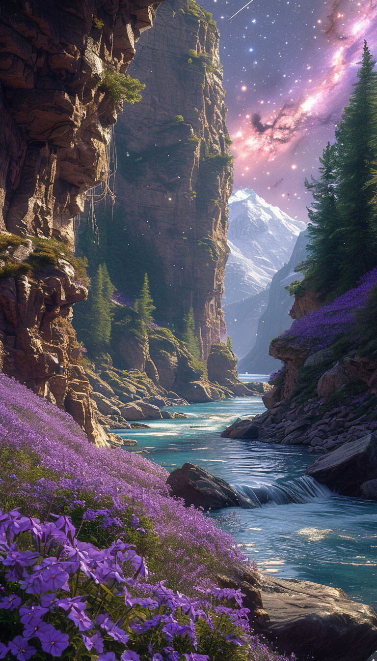 ". cliff by the river overgrown with violets, nebula, hyperdetalization ...