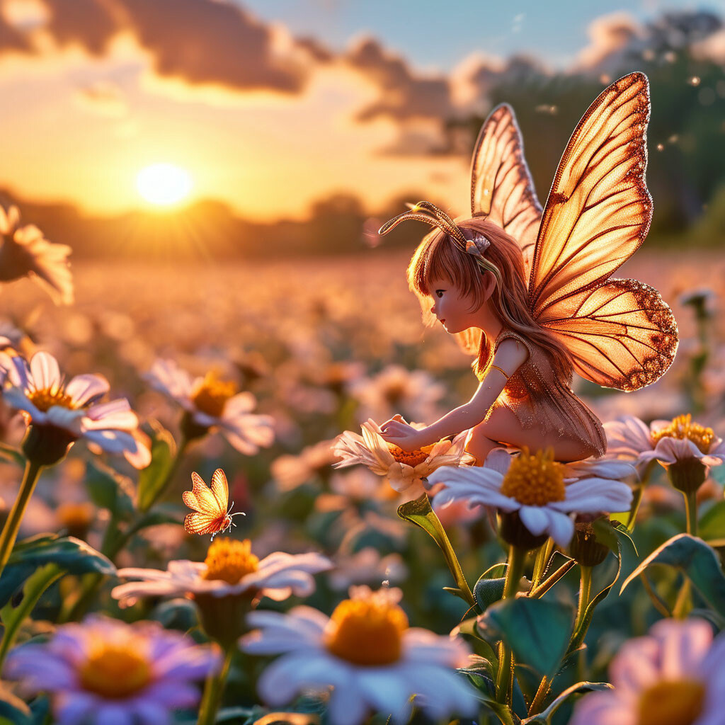 " Close-up of a tiny mini fairy collecting nectar from a beautiful ...