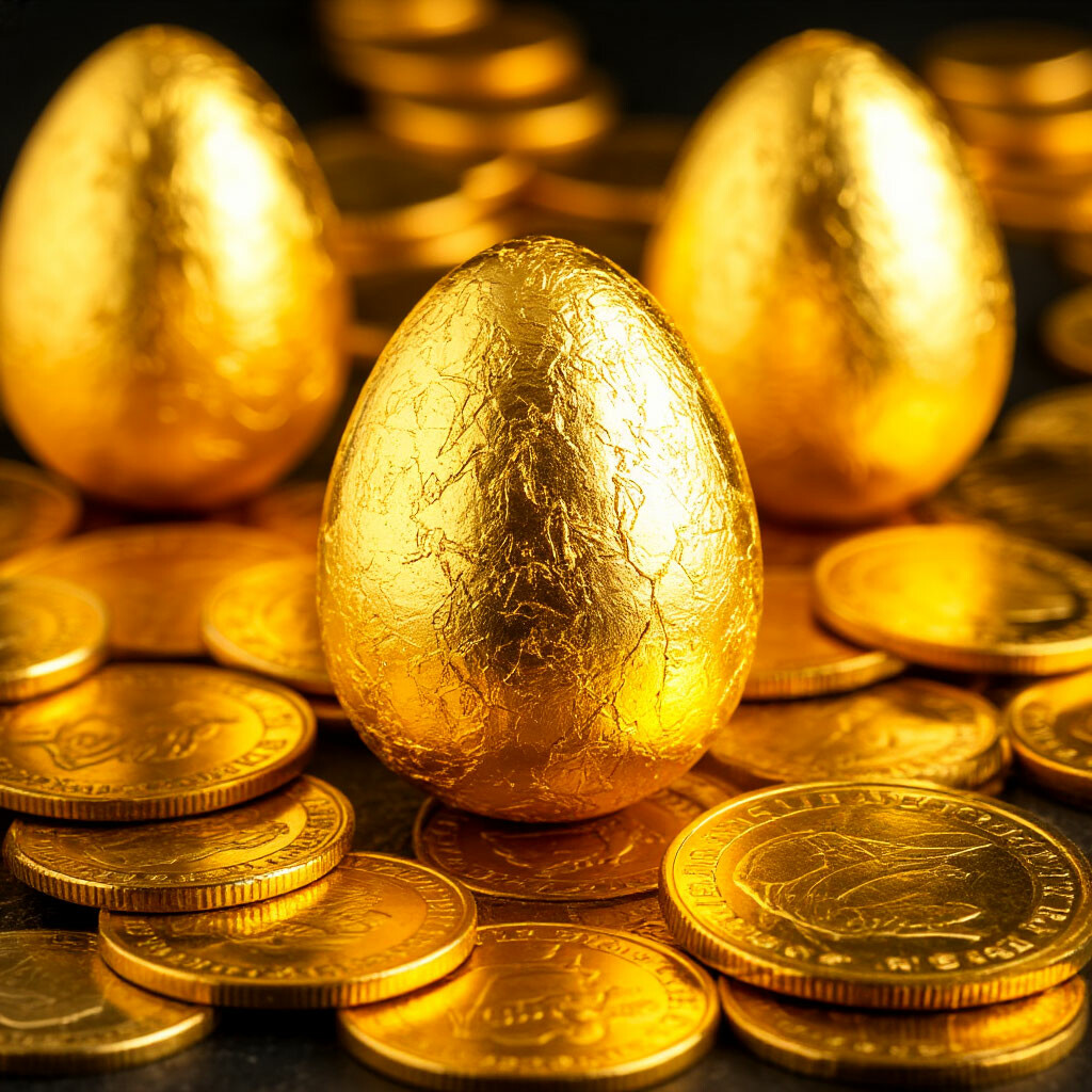 "Easter eggs made of real gold, surrounded by gold and coins" — image ...