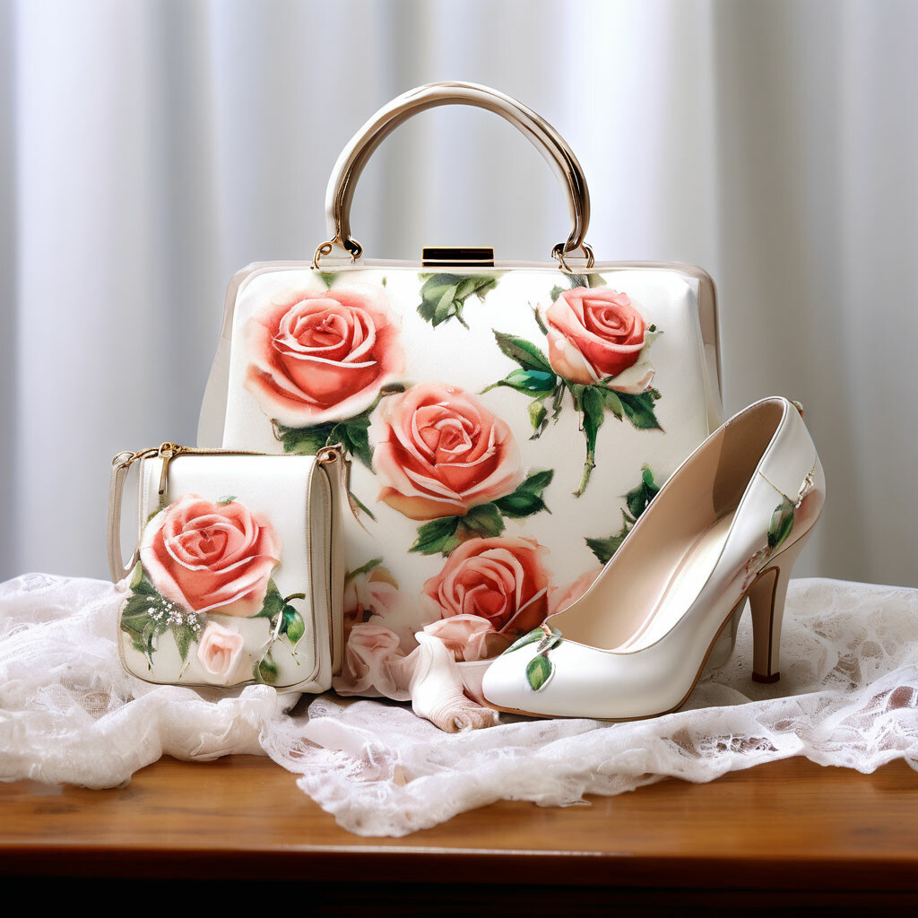 "Women's elegant spring handbag with a print of delicate roses,next to ...
