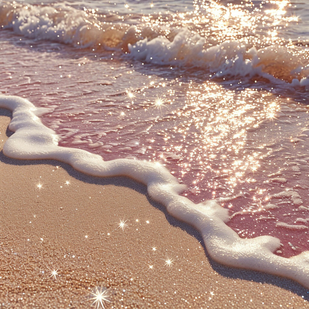 "Try to take it)🩷 beautiful pink sea with waves,soft beige sand,at dawn ...