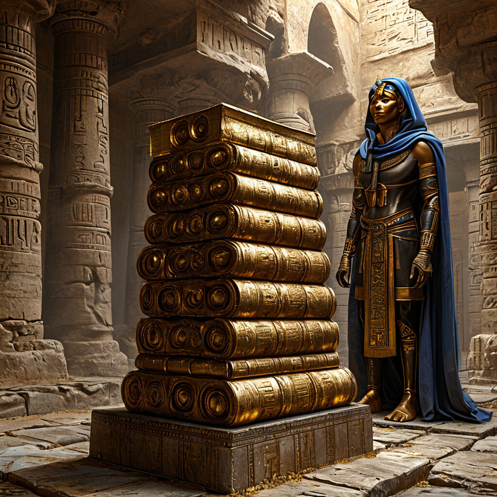 "An even stack of golden scrolls on a …" — image created in Shedevrum