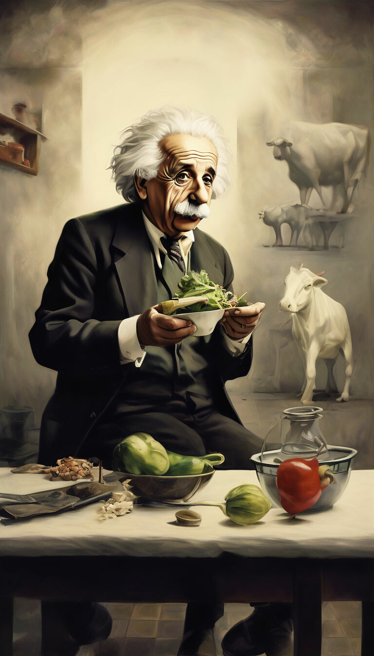 "Albert Einstein eating vegetables, cow in the background; surrealism ...