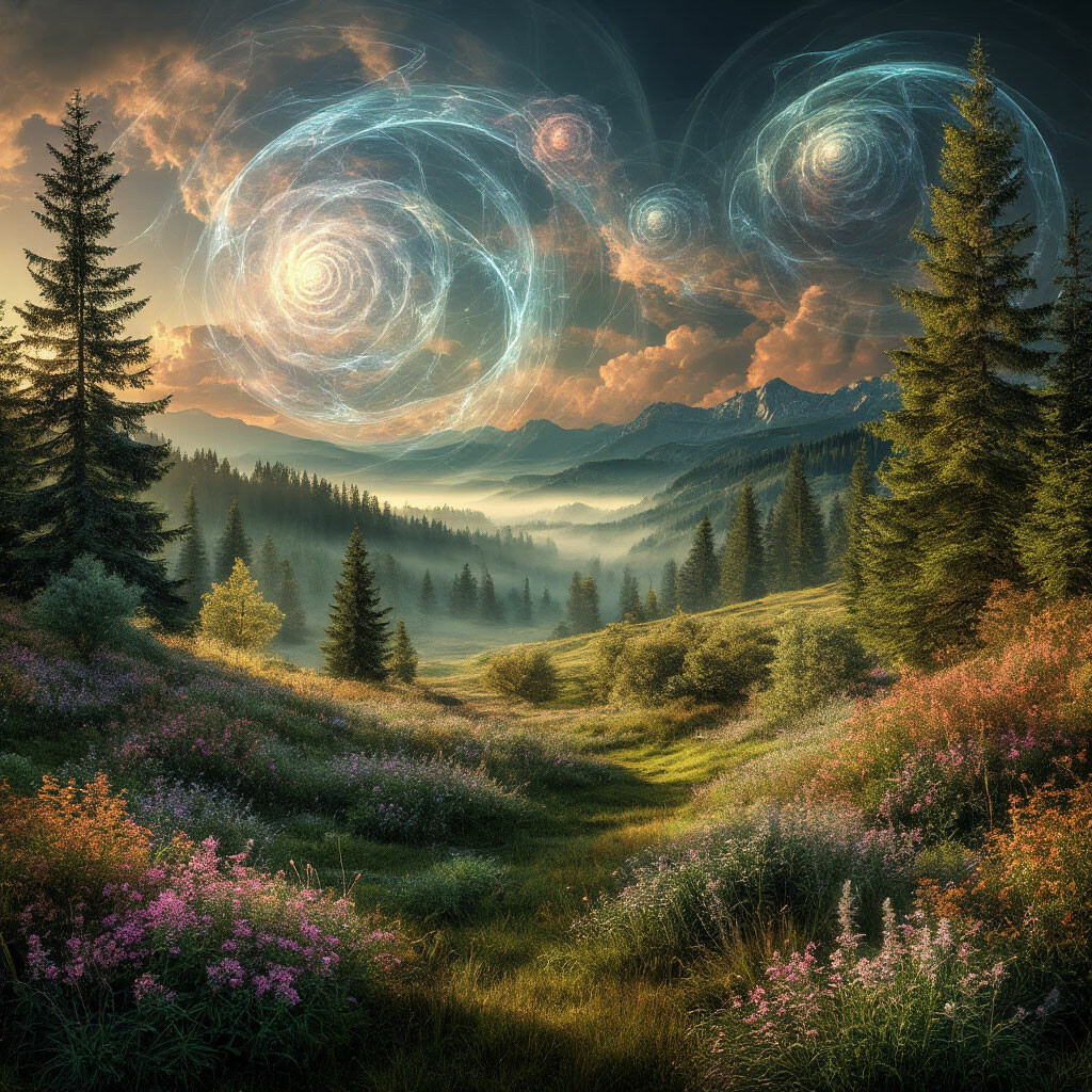 sfumato, magical plot, panoramic view, nature, fractal hologram ...