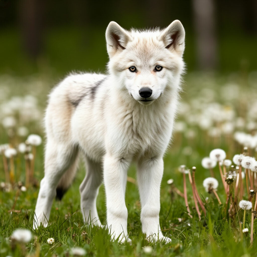 "A white fluffy wolf cub in full …" — image created in Shedevrum