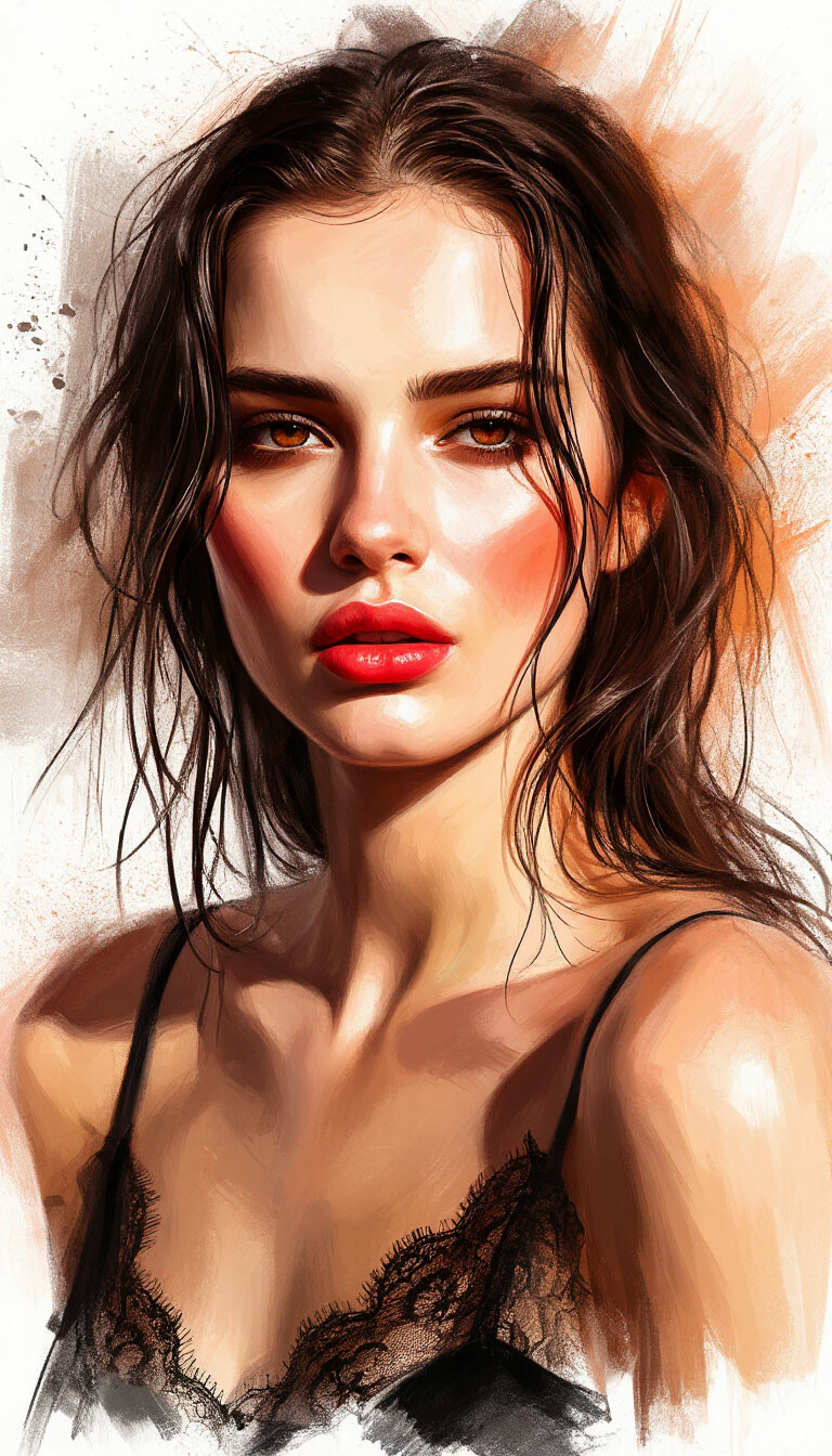 «The soft blurred features of the woman resemble a sketch made with watery strokes. Her wet dark ...