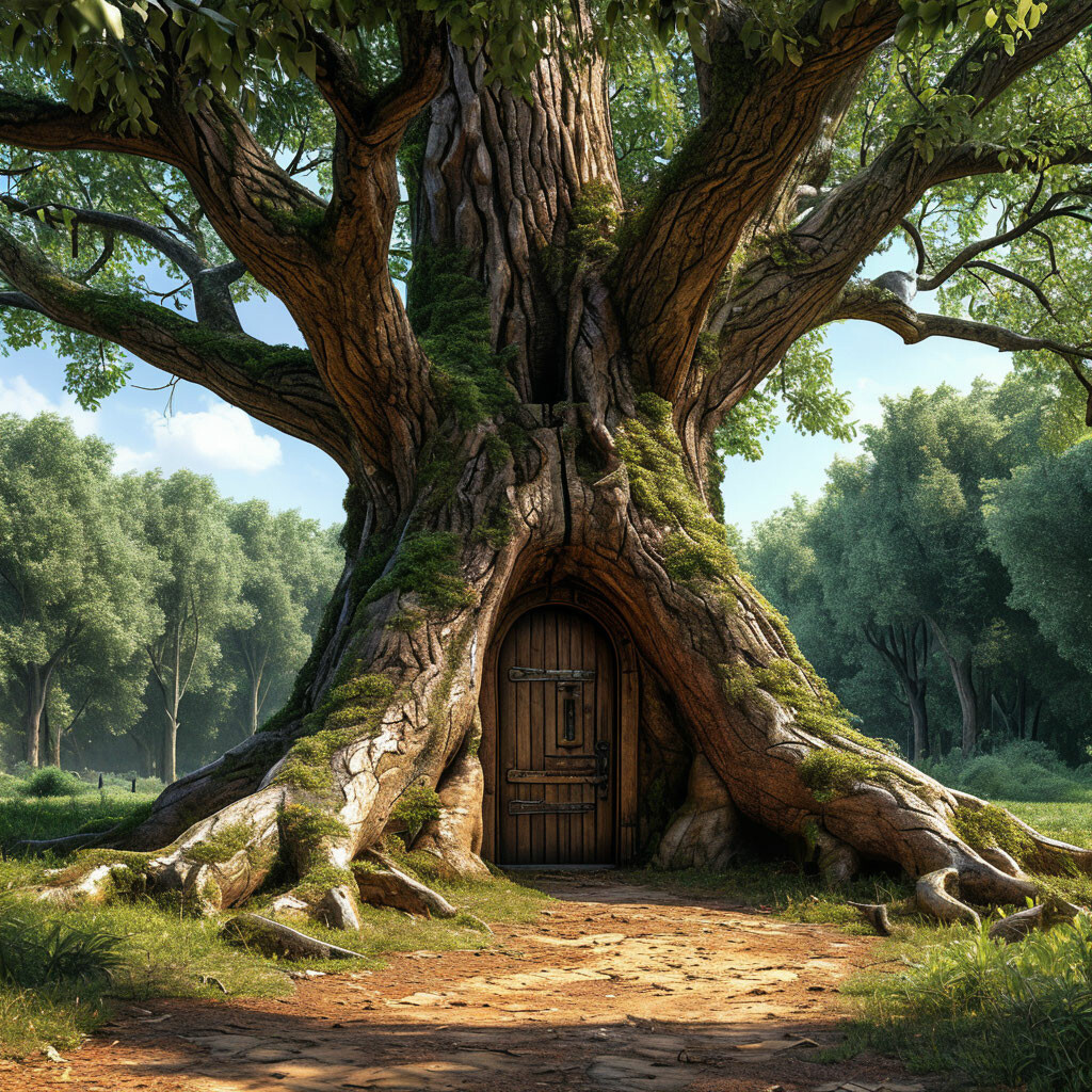 "A huge tree. There is a door in the trunk of the tree.hyperrealism ...