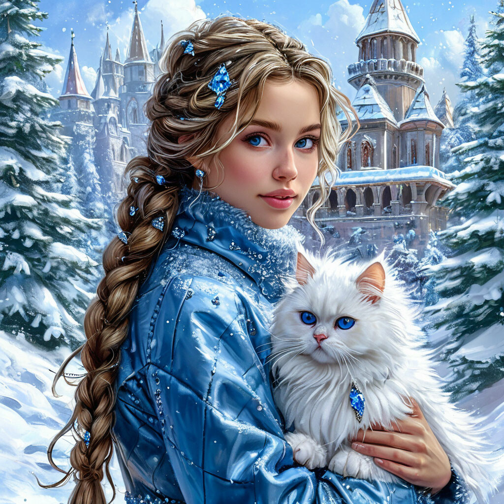 "Snow dancer, hair braided in a long braid, airy blue fur coat ...
