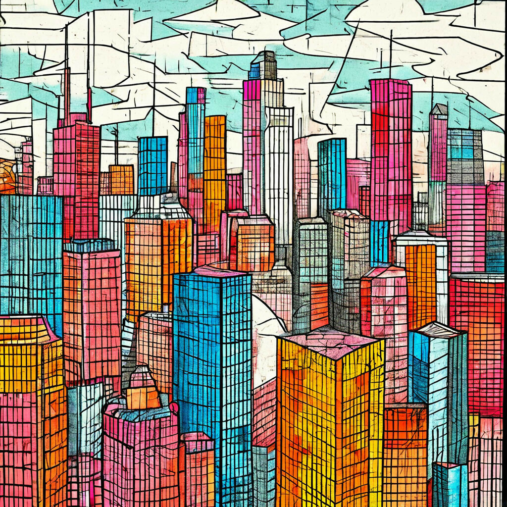 "Pencil minimum of color simplified city high-rise buildings cubism ...