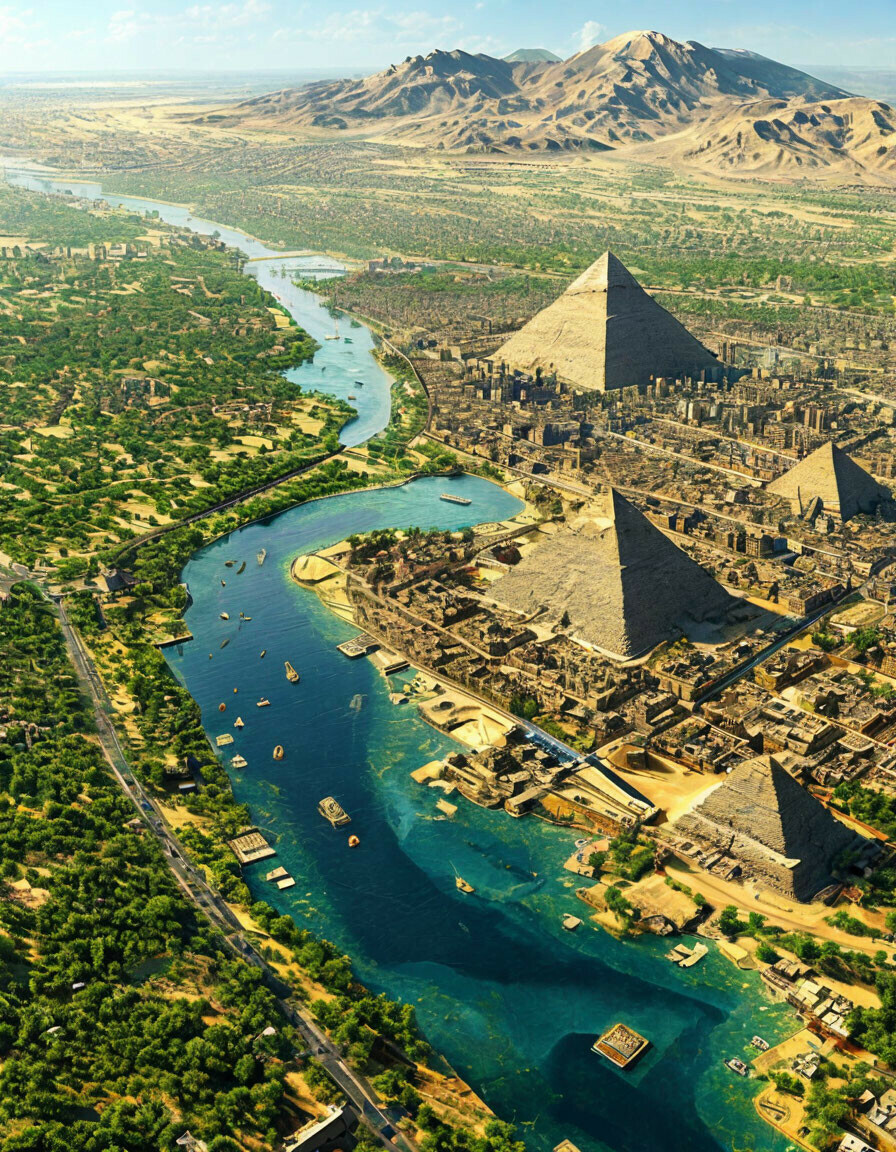 "Ancient Egypt. a map with cities. pyramid. greenery along the water ...