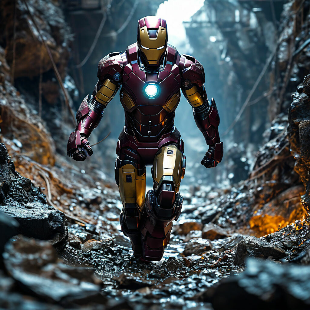 "Marvel's Iron Man works in a mine, dynamic pose, beautiful camera ...