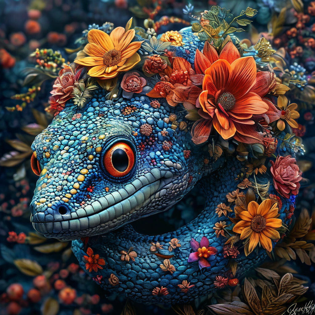 "Fractal, a very cute knitted moray eel with a very beautiful wreath of ...