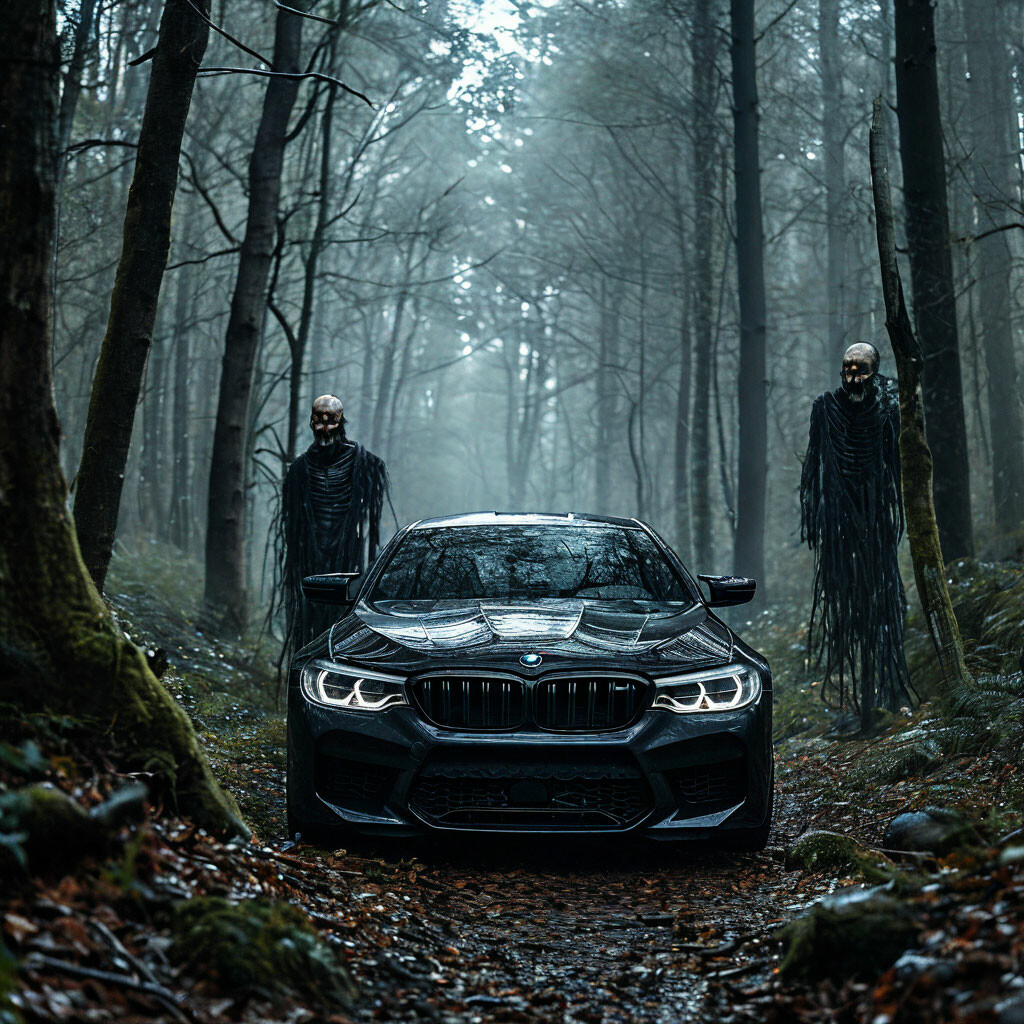"A black BMW in a dark scary forest with scary monsters from the movie ...