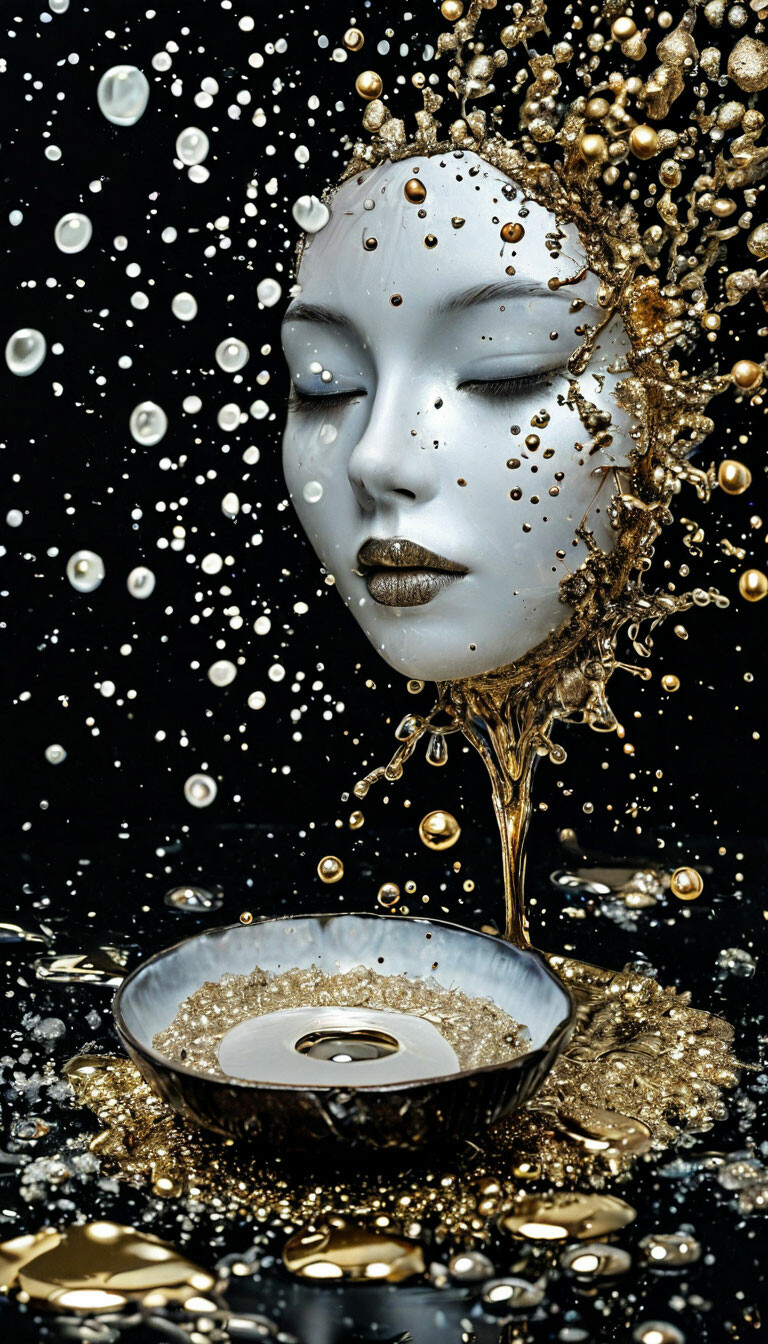 ". black background, zen. mother of pearl, liquid silver, drops of ...