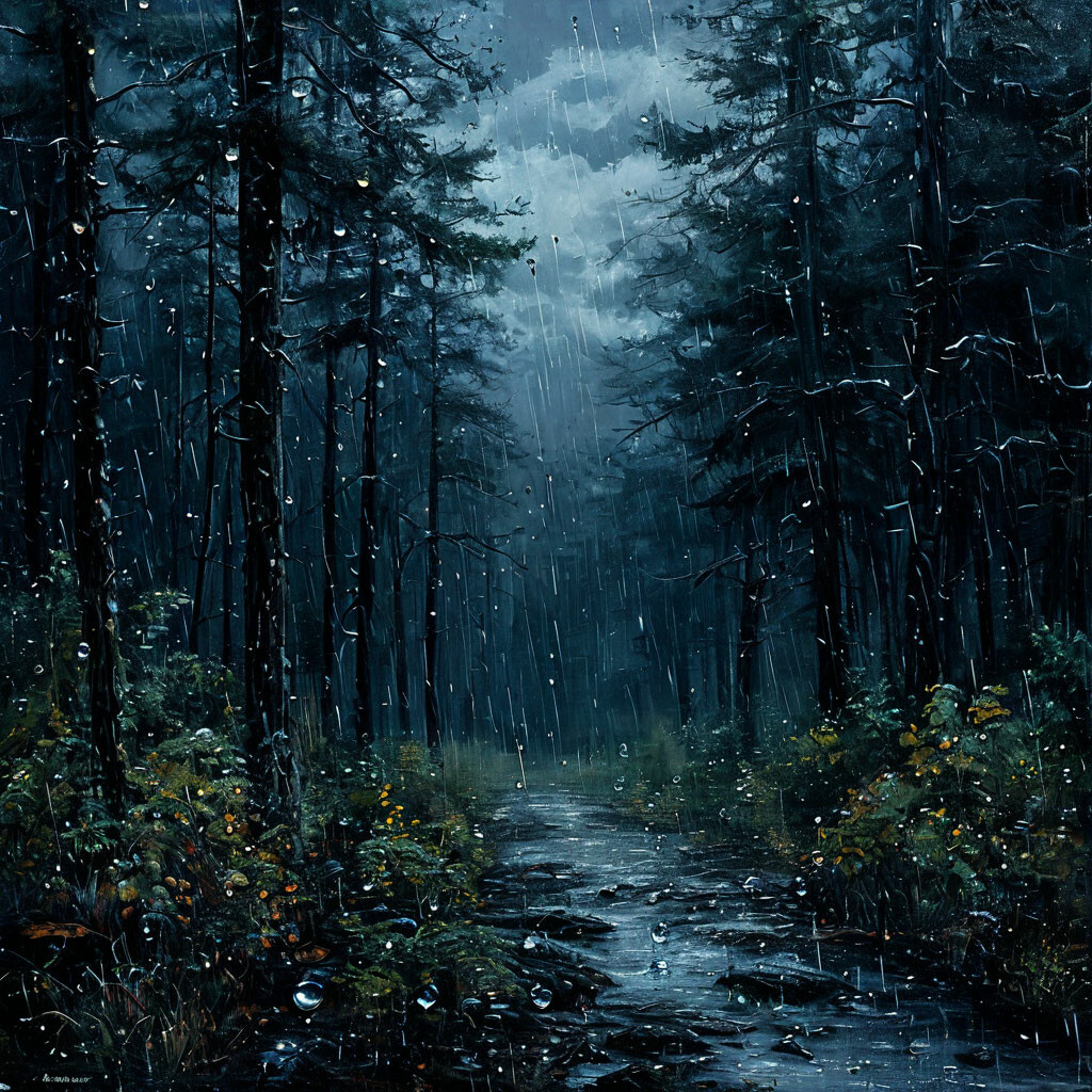 "Dark dense forest during rain, large raindrops, night, dark sky ...