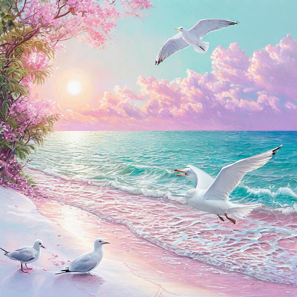 "White sand white pink spiral seagull …" — image created in Shedevrum