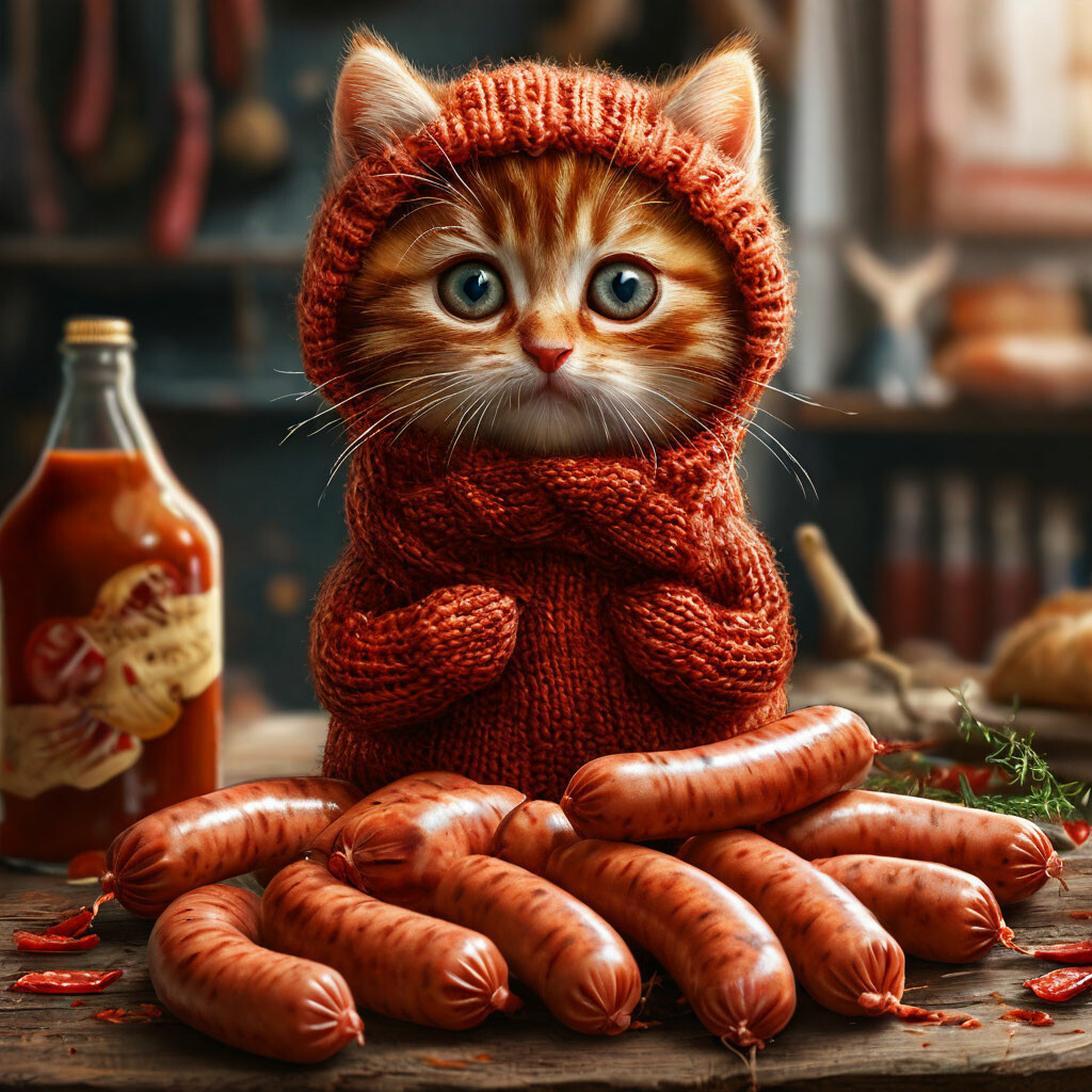 "Little red cat, many, sausages, and sausage, happy, hacker, cute" — image created in Shedevrum