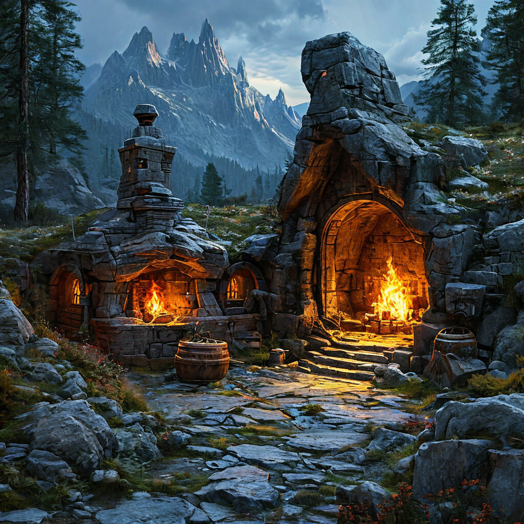 "Dwarf forge, dwarf stone forge in the mountains, cave forge, night ...