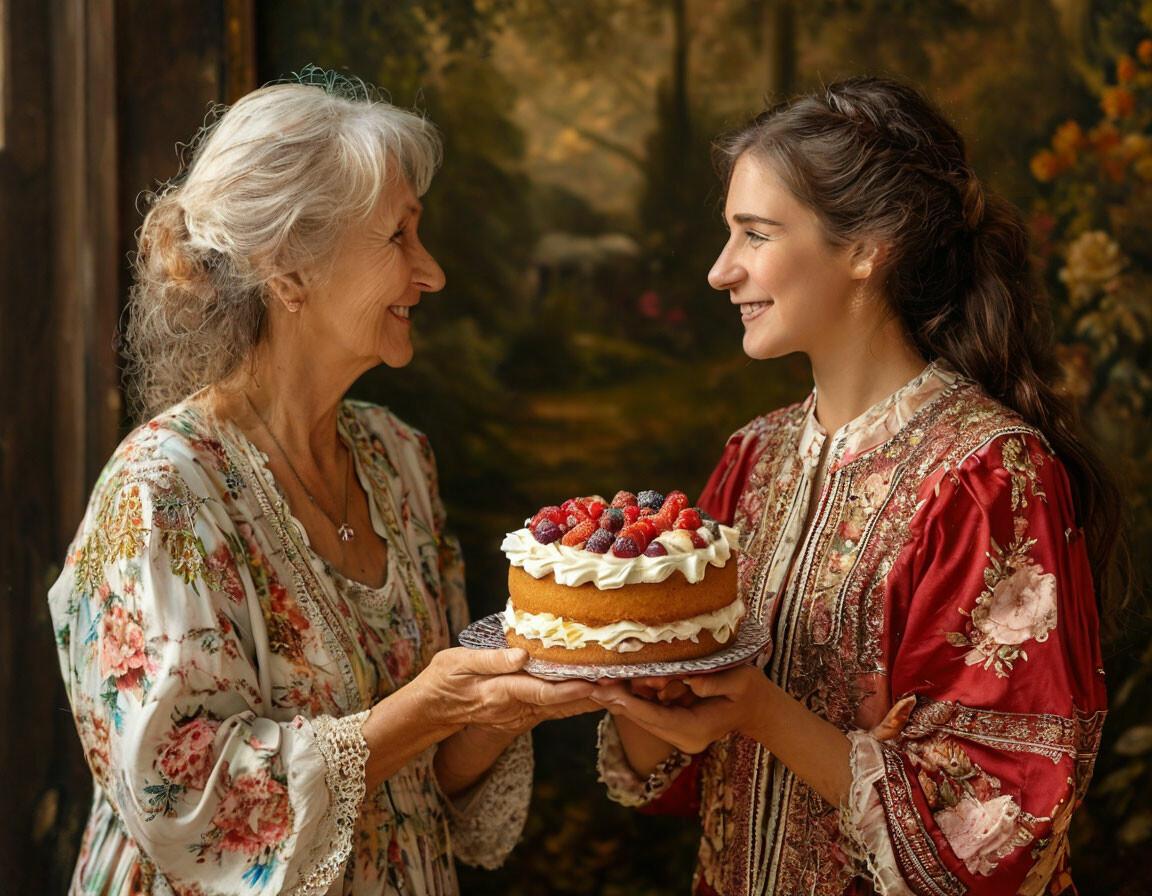 "High detail, a beautiful young woman gives a cake to her grandmother ...