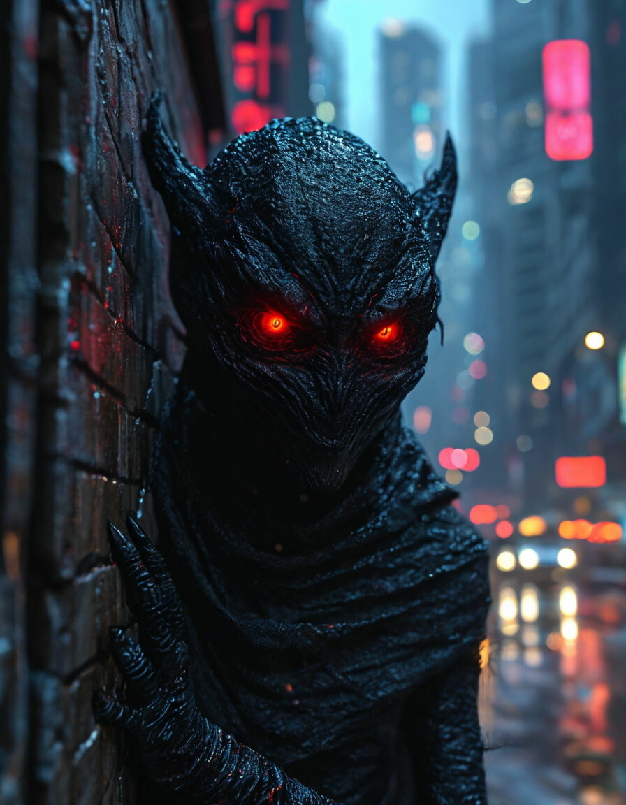 "A dark scary frightening black creature with red burning eyes looks ...