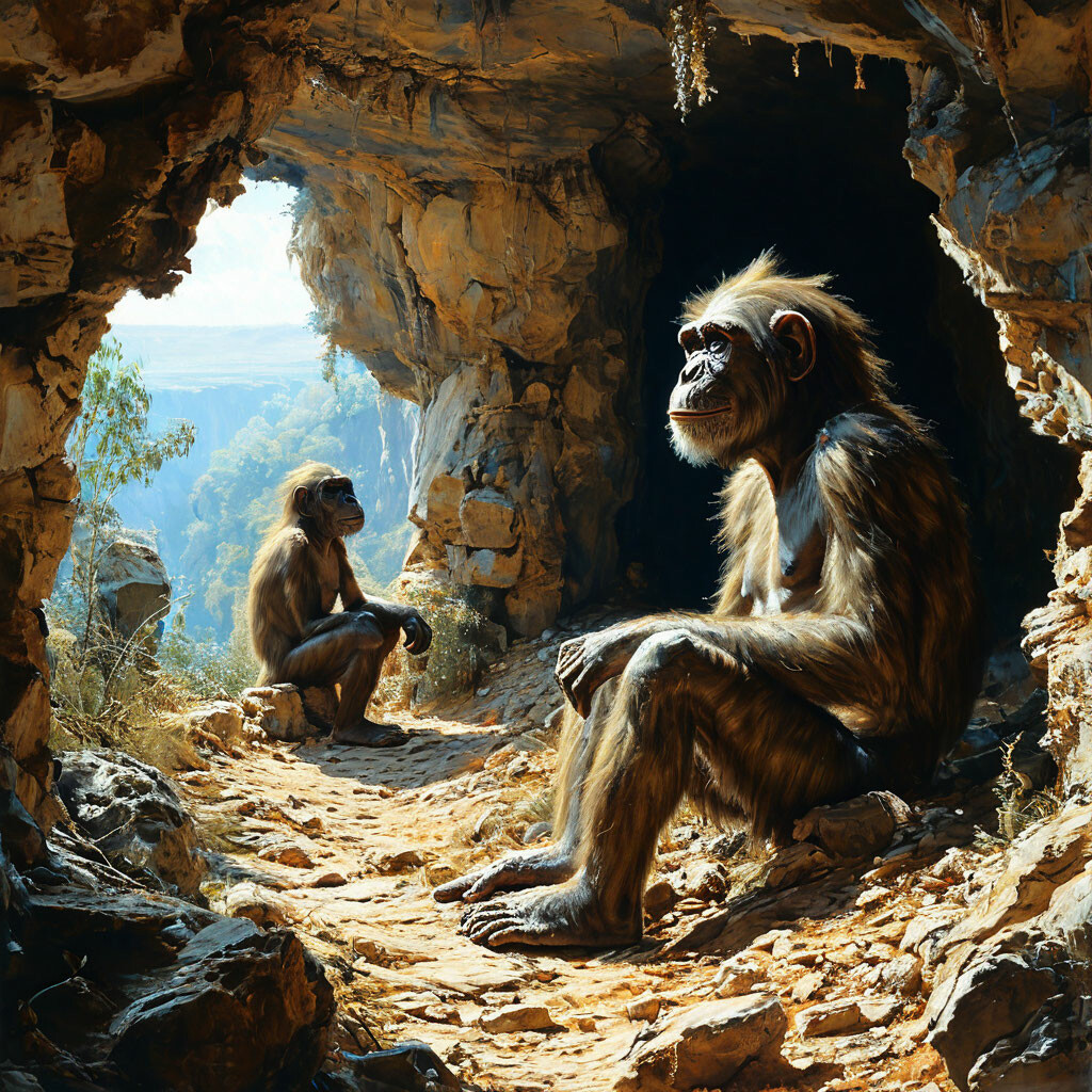 "Australopithecines in caves" — image created in Shedevrum