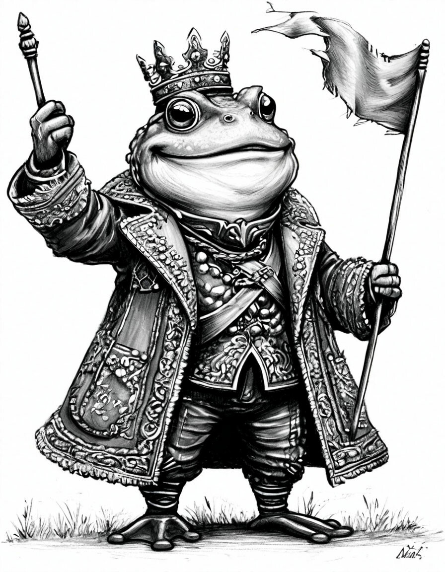 "A fat, contented, cute frog king in a…" — image created in Shedevrum