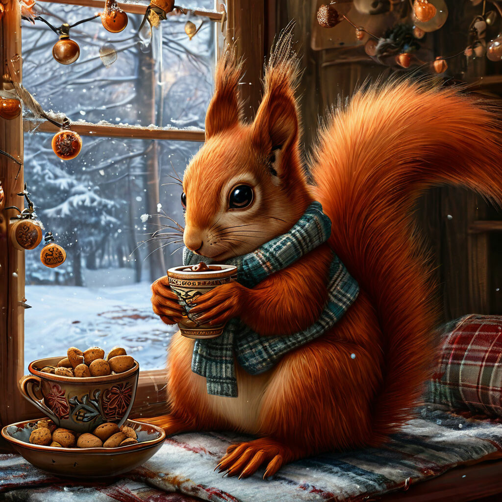 ". squirrel, red squirrel, in pajamas, sitting in a cozy warm house ...