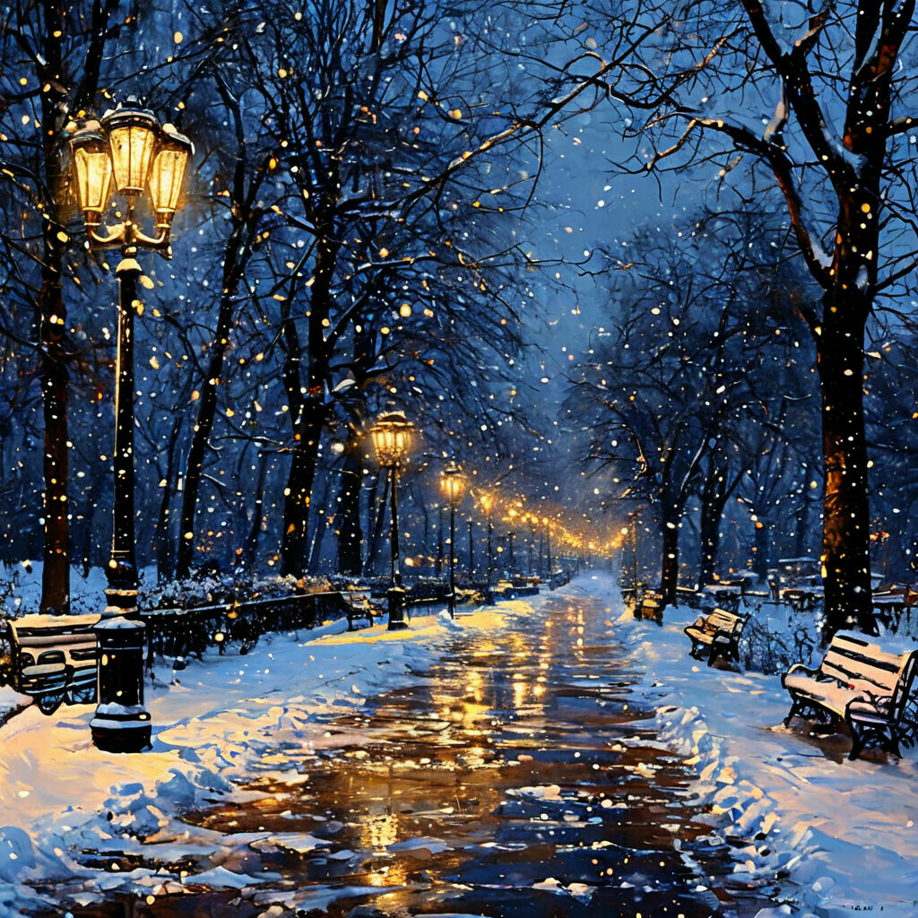 "Winter park in the evening, photorealism, lantern light, snow falling ...