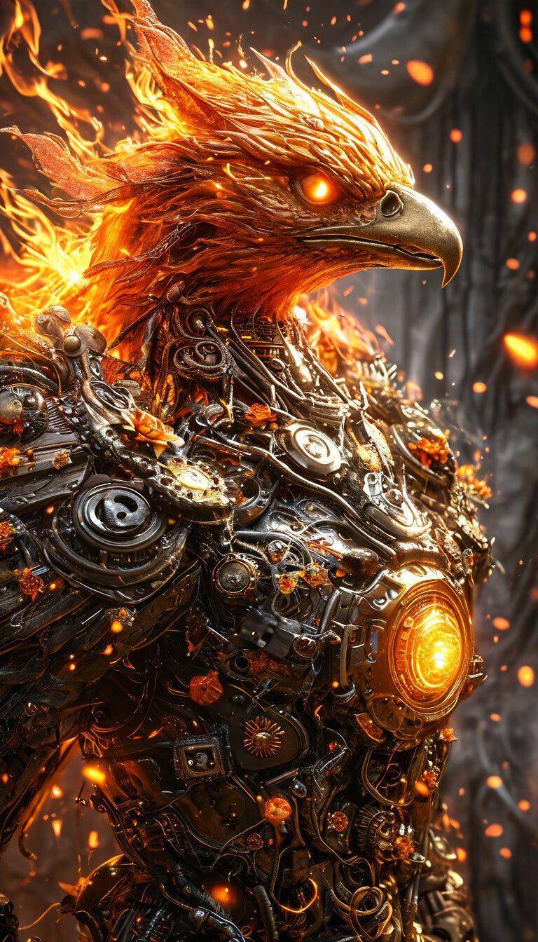 "HD flames everywhere a fat cyber phoenix in armor xenon golden glare ...