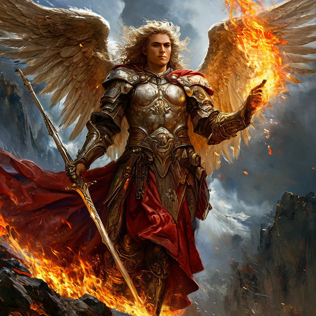 "The image of Archangel Uriel with a sword in his right hand and fire ...